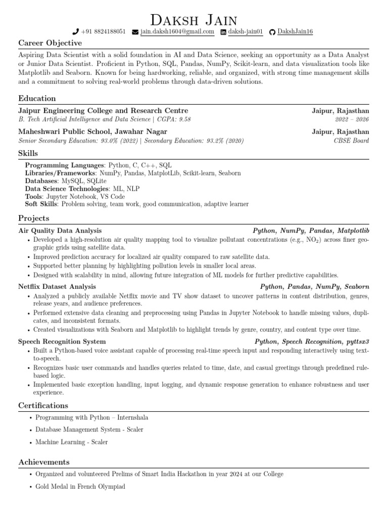 Resume - Daksh Jain - Daksh Jain | PDF | Machine Learning | Python (Programming Language)