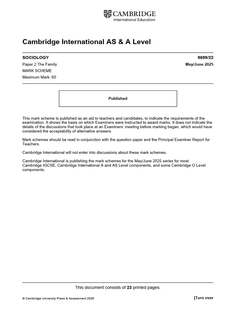 Cambridge International AS & A Level: Sociology 9699/22 | PDF | Family ...