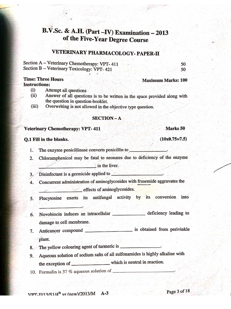 Veterinary Pharmacology previous years Papers | PDF