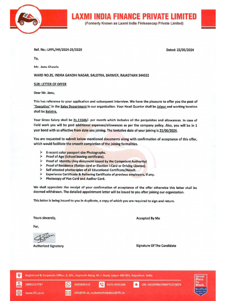 Janu Offer Letter Laxmi | PDF
