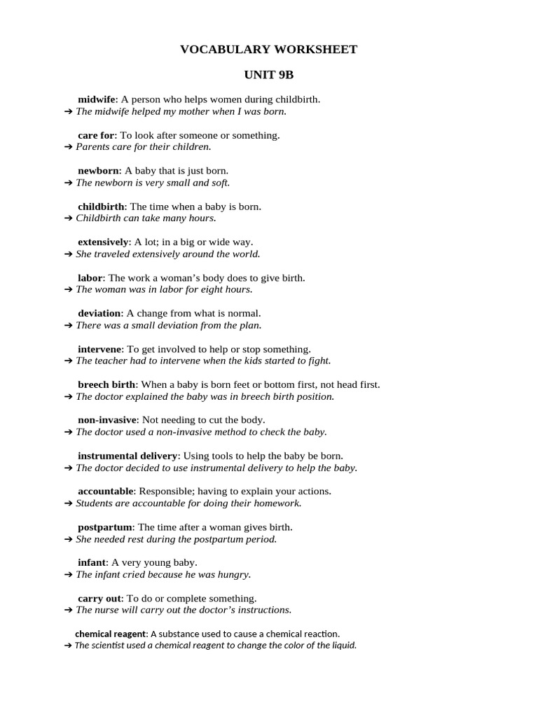 Vocabulary Worksheet: Childbirth Terms | PDF