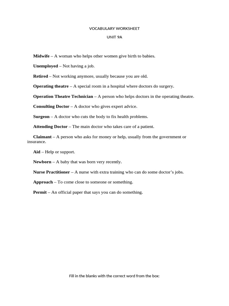 Vocabulary Worksheet 9A | PDF