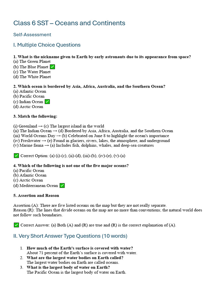 Class 6 Notes on Oceans and Continents | PDF | Water | Earth