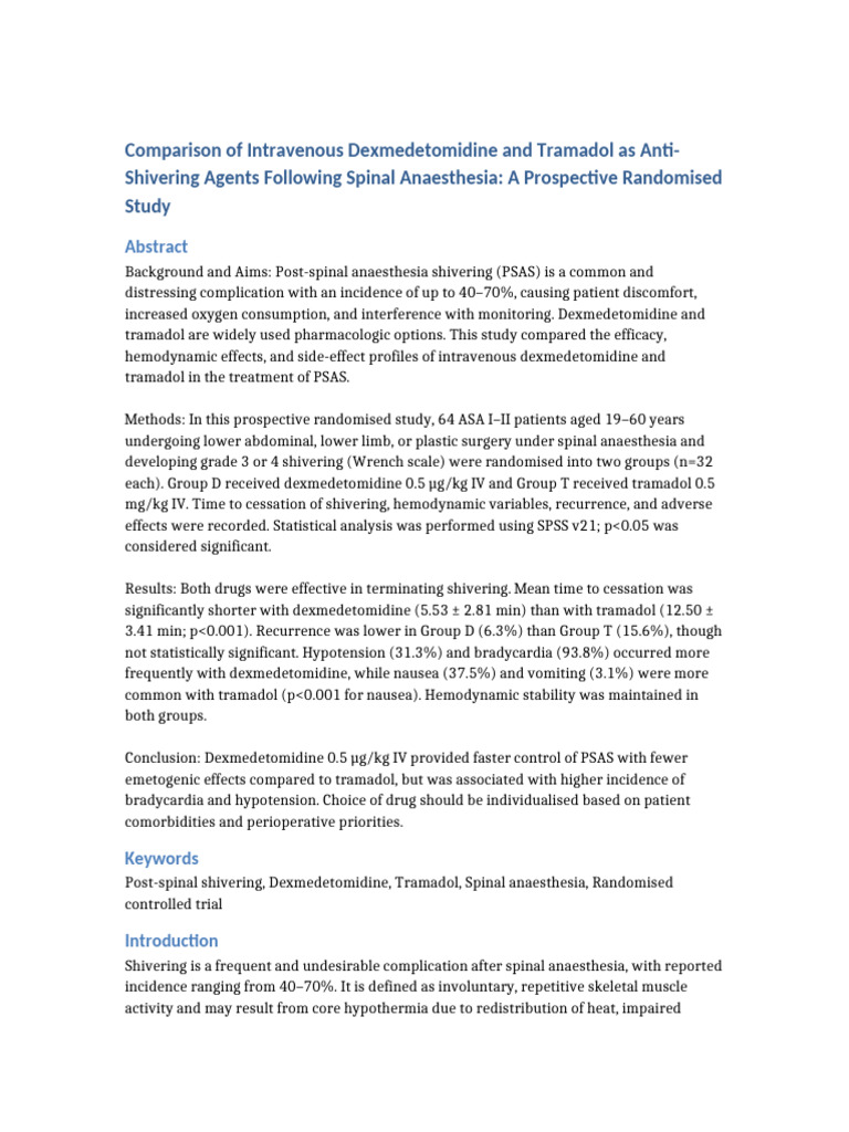 Dexmedetomidine vs Tramadol for Post-Spinal Shivering | PDF ...