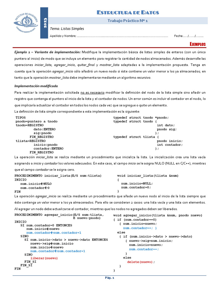 ED23 - TP1. TDA Listas Simples - Parte 1 | PDF | Puntero (Programación de computadora ...