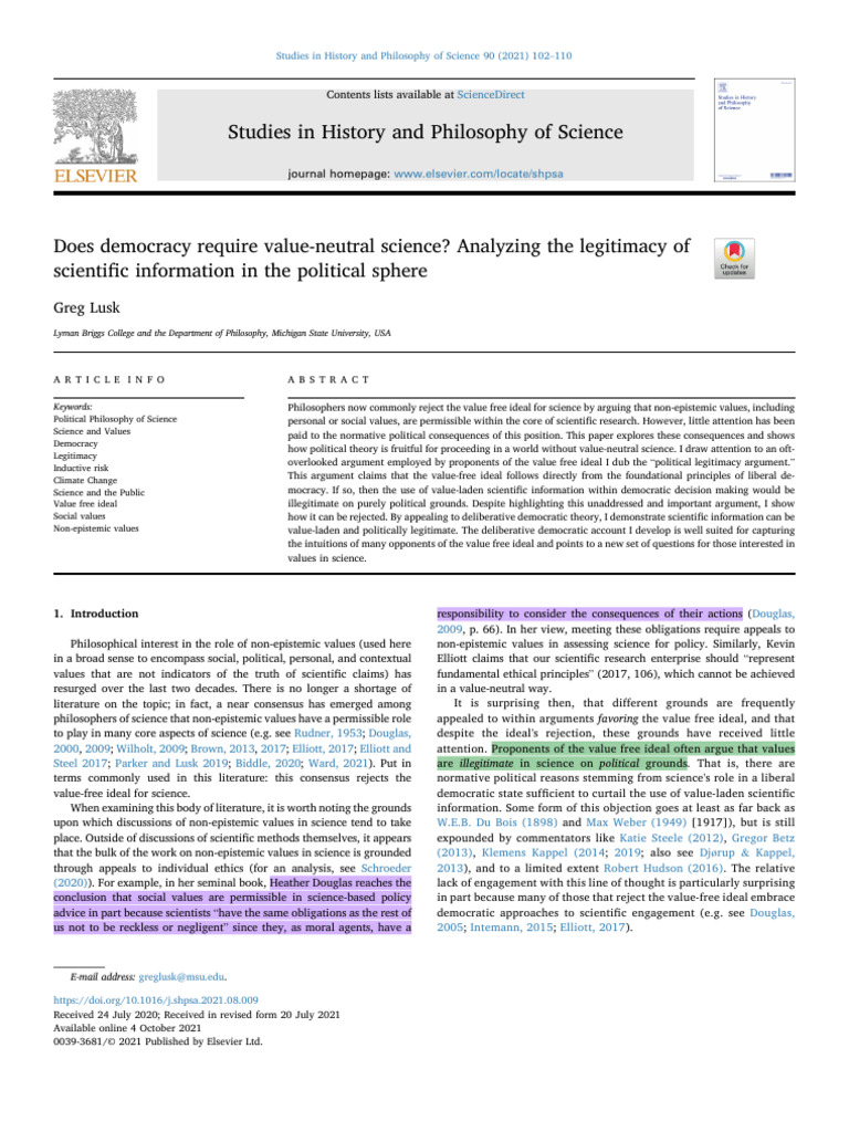 Legitimacy of Value-Laden Science in Democracy | PDF | Value (Ethics ...