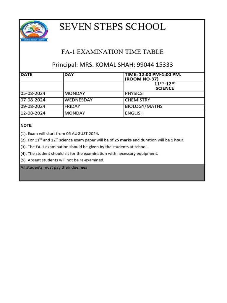 11-12 Science Fa 1 Examination Timetable 2024 | PDF | Schools ...