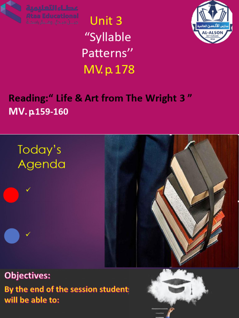 Tuesday Week 8 "Syllable Patterns" MV.p. 178 +life & Art From The Wright 3 " MV. P. 159-160 ...