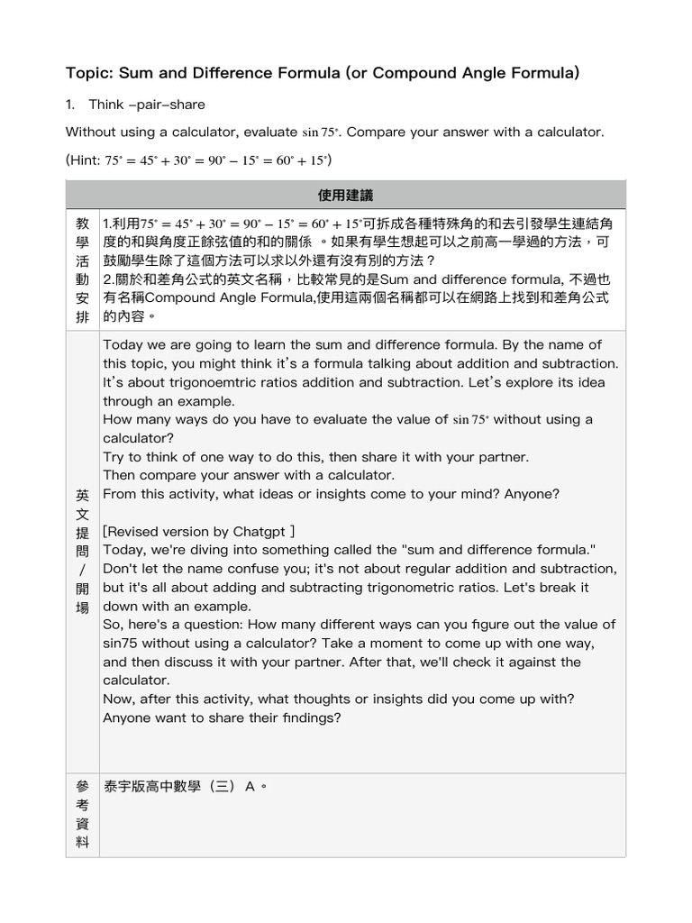Sum and Difference Formula or Compound Angle Formula | PDF ...