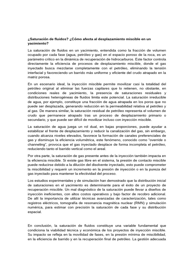 ¿Saturación de Fluidos ¿Cómo Afecta Al Desplazamiento Miscible en Un Yacimiento | PDF | Petróleo ...