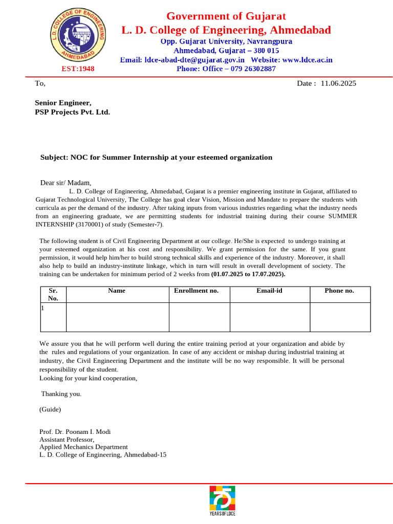 NOC for Summer Internship Request | PDF