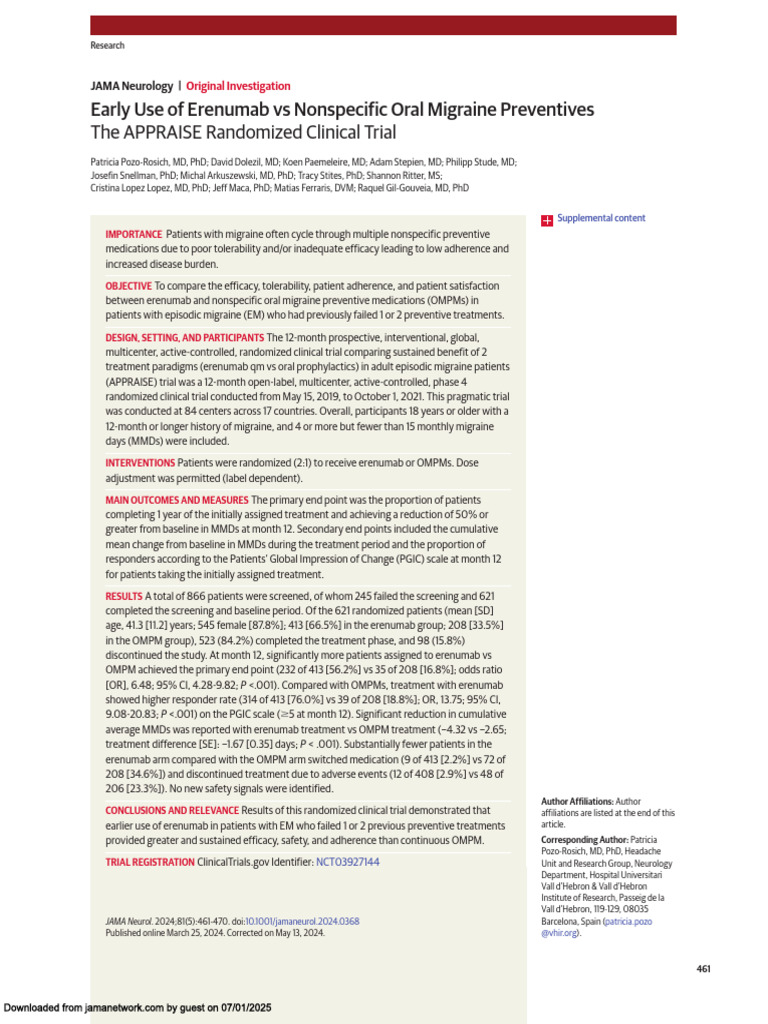 Early Use of Erenumab Vs Nonspecific Oral Migraine Preventives - JAMA Neuro - 2024 | PDF ...