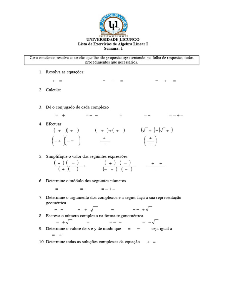 Exercícios de Álgebra Linear I - Semana 1 | PDF | Número complexo ...