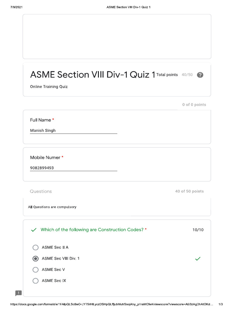 ASME Section VIII Div-1 Quiz 1 | PDF