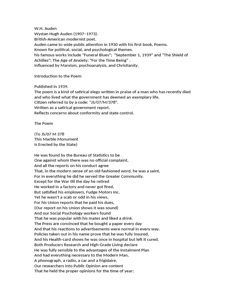 Analysis of Auden's "The Unknown Citizen" | PDF | Poetry | Irony