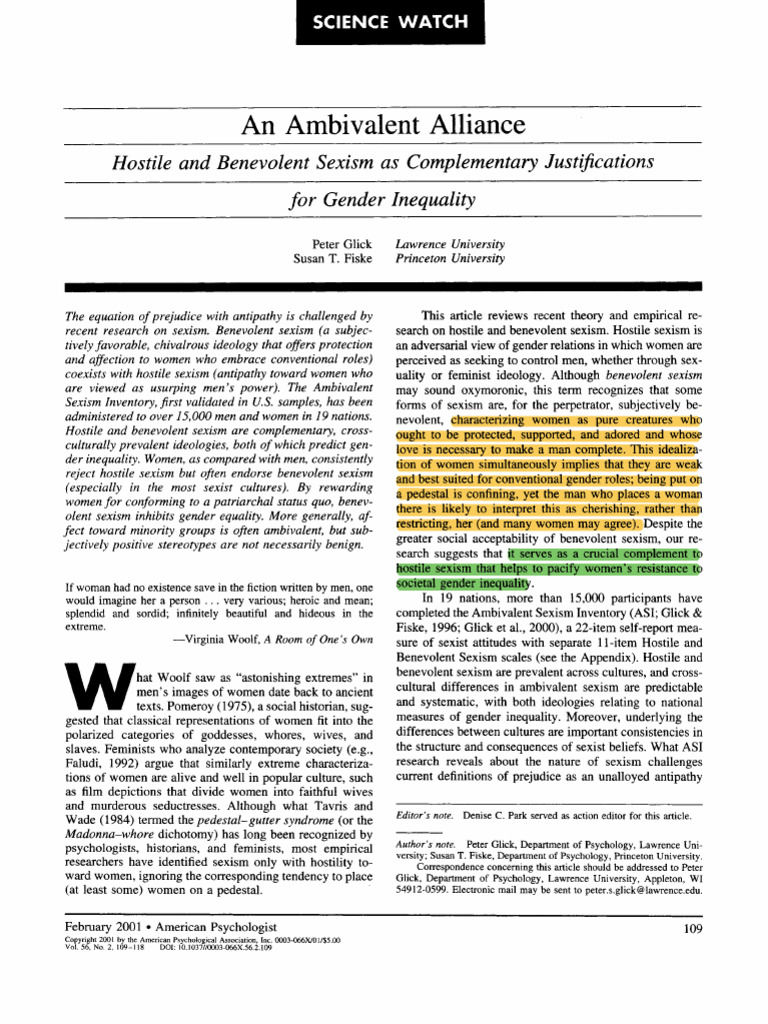 An Ambivalent Alliance - Hostile and Benevolent Sexism As Complementary ...