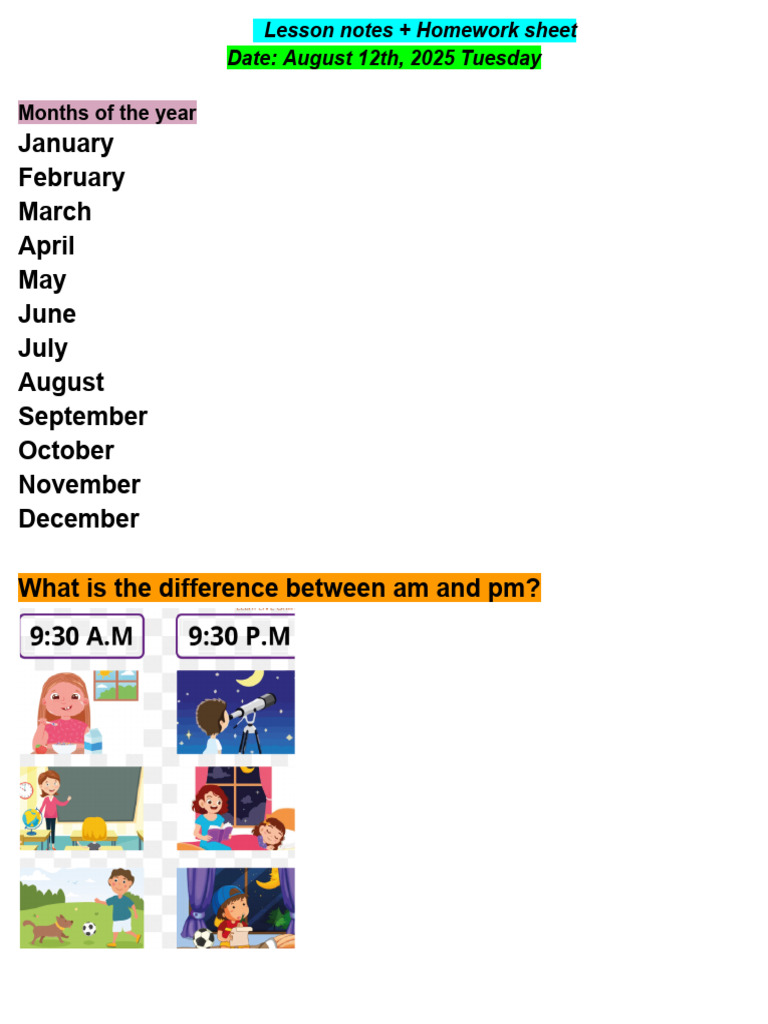 12 - 08 - 2025 Tuesday - Lesson Notes + Homework Sheet | PDF