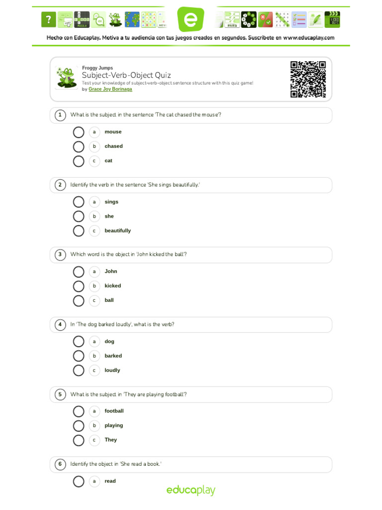 Subject-Verb-Object Quiz Game | PDF