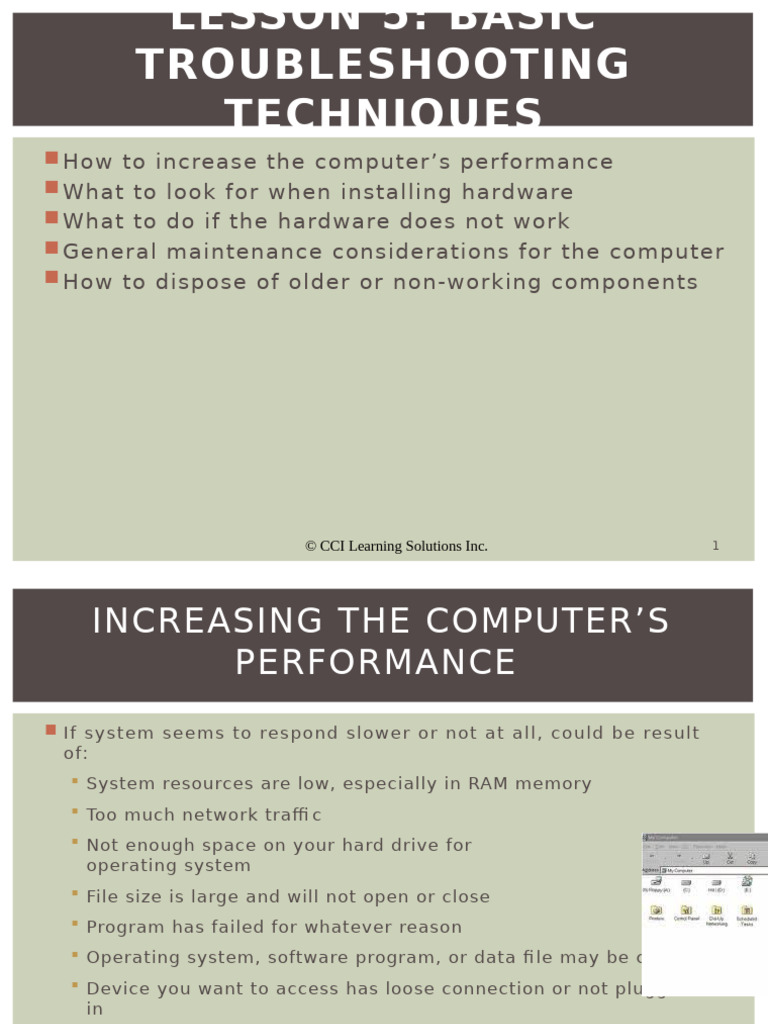 Lesson 5 - Basic Troubleshooting Techniques | PDF | Random Access Memory | Computer Hardware