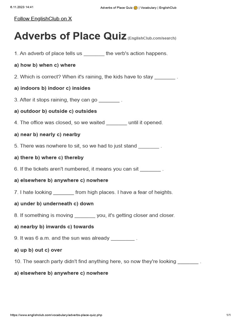 Adverbs of Place Quiz for Students | PDF