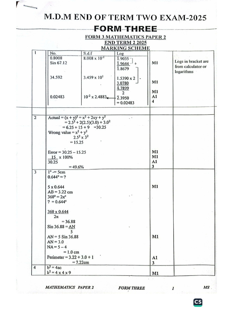 Form 3 Maths PP2 End Term 2 MS | PDF