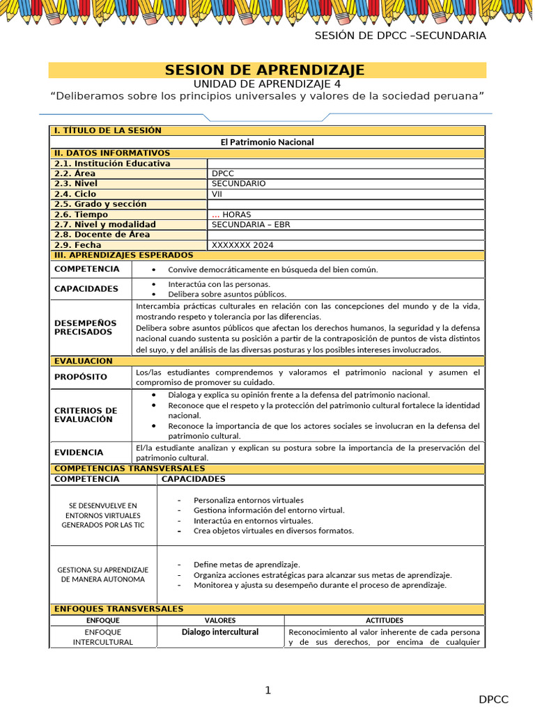 5º Ses Act 4 Unid.4 - DPCC 2024 | PDF | Aprendizaje | Patrimonio cultural