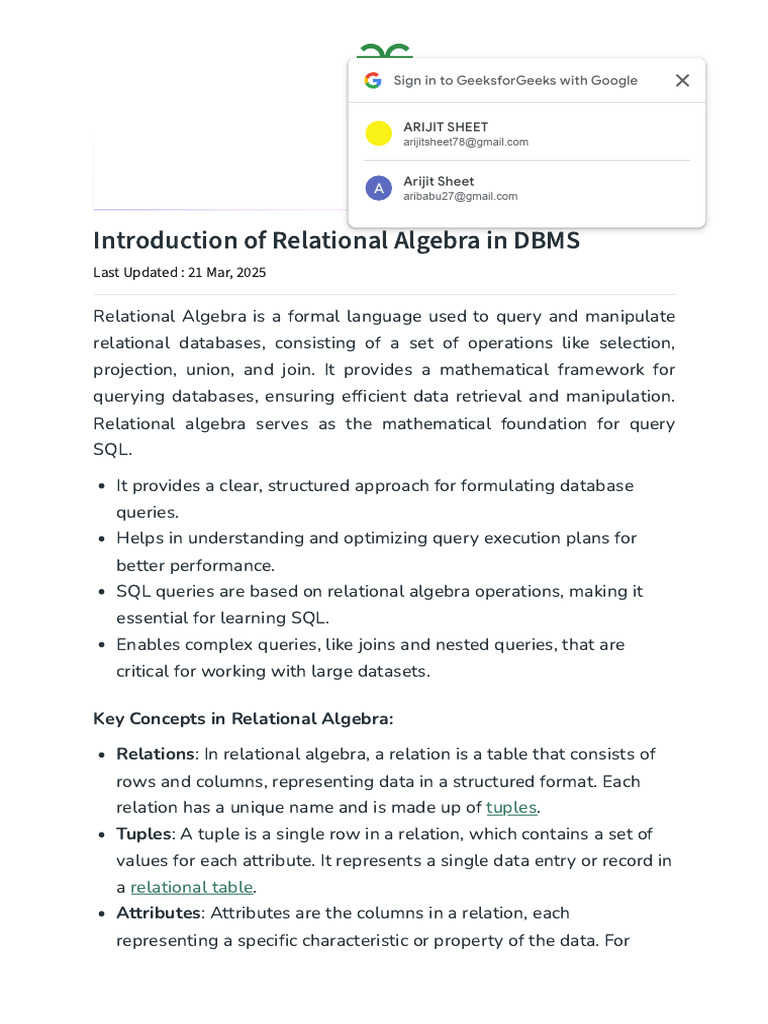 Introduction of Relational Algebra in DBMS | PDF | Relational Model | Relational Database