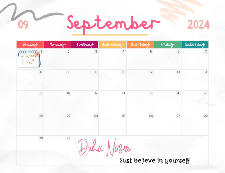 Colorful Cute Doodle Planner 2024 September Monthly Calendar | PDF