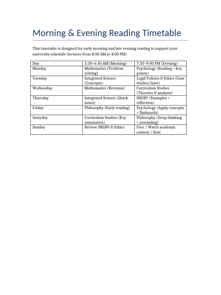 Reading Timetable | PDF