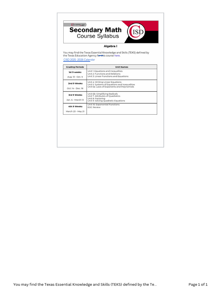 Grade 8 Math Syllabus Algebra 1 | PDF