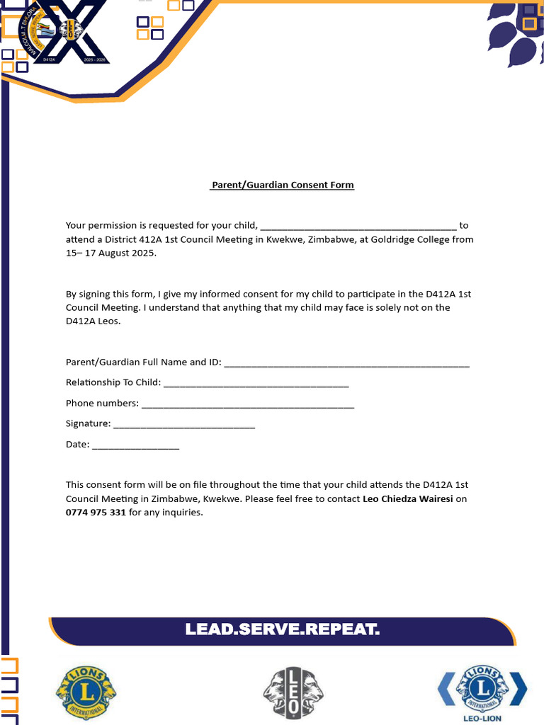 Parent, Guardian Consent Form Goldridge Kwekwe 1st LCM 2025-2026 | PDF