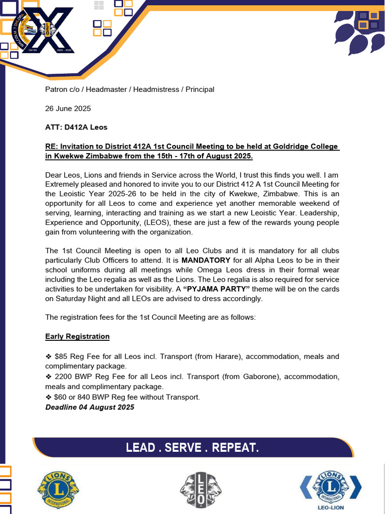 Invitation To The D412a 1st Council Meeting 15-17 August 2025 | PDF