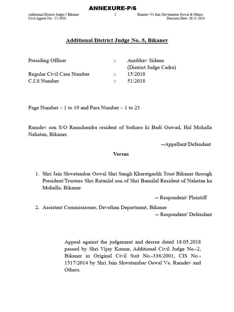 Annexure p:6 Court Order Bikaner 1 | PDF | Judgment (Law) | Lawsuit
