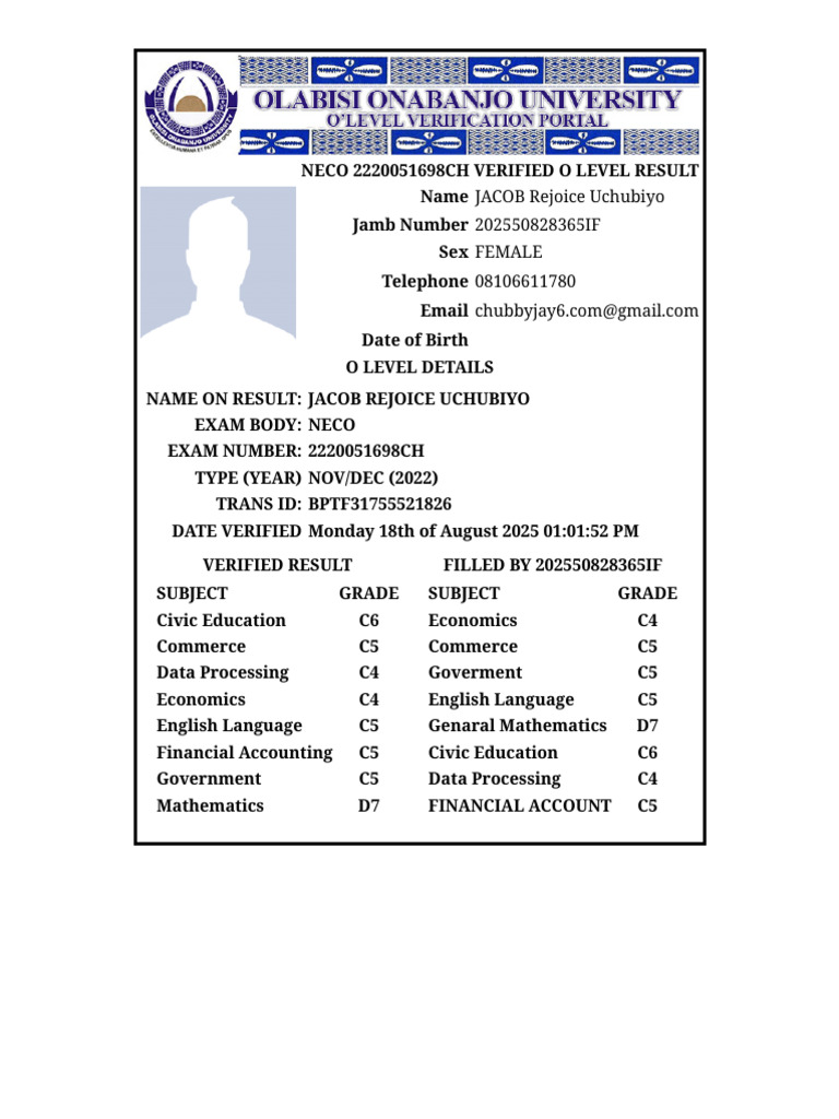 Neco 2220051698ch Verified o Level Result | PDF