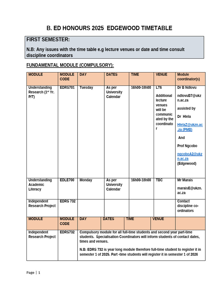 UKZN 2025 B.Ed Honours Timetable | PDF | Human Communication | Learning