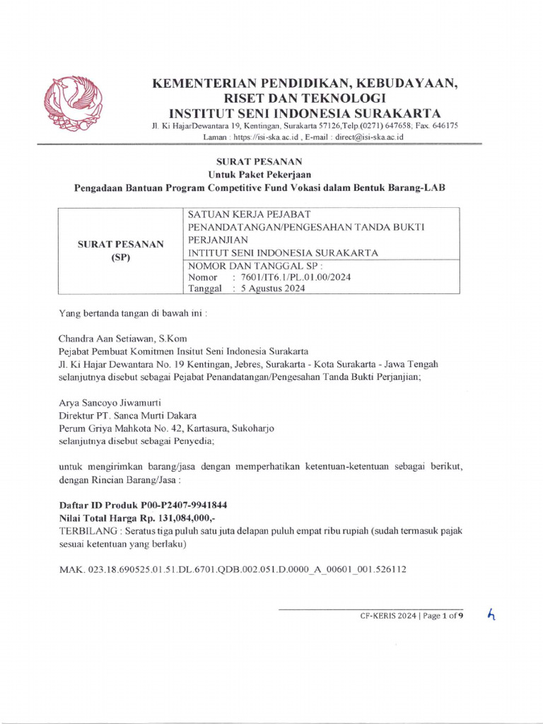 Surat Pesanan Peralatan Studio - IsI Surakarta | PDF