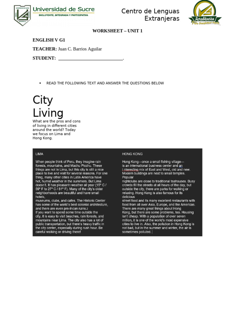 Worksheet 1 Big Cities | PDF