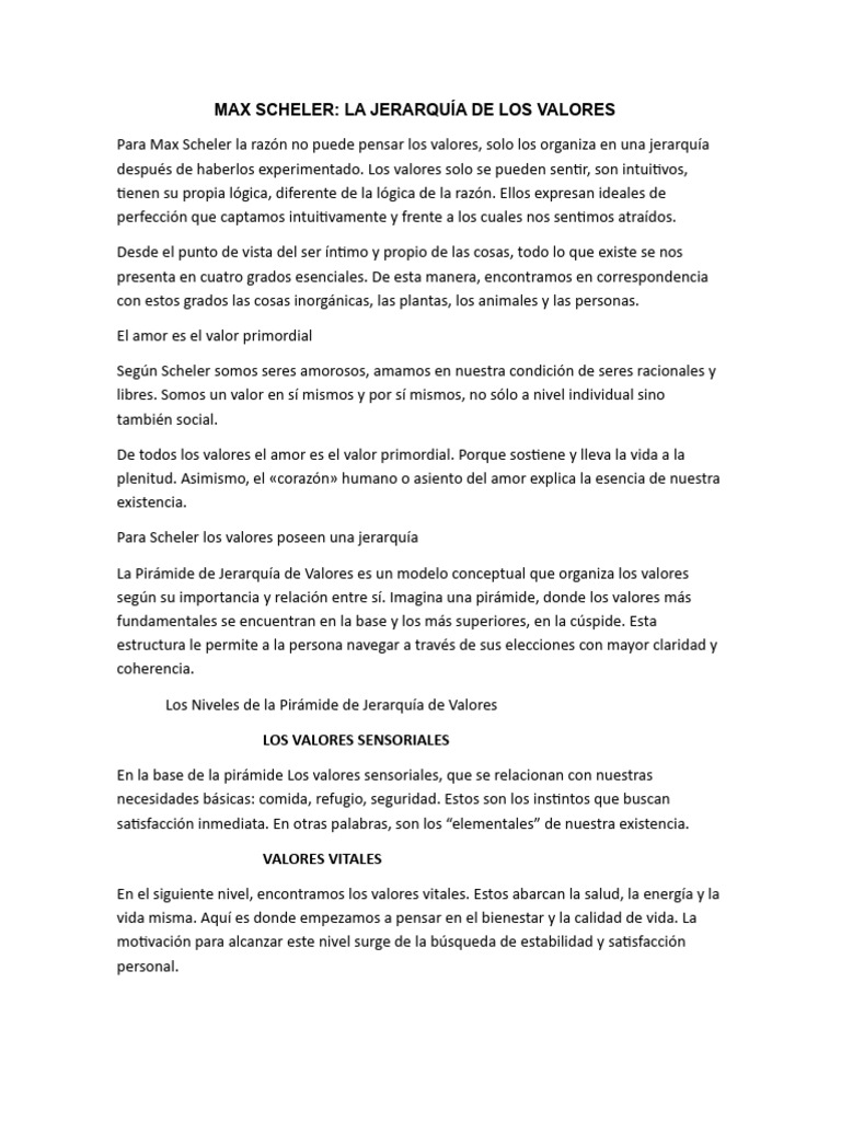 Jerarquía de Valores según Max Scheler | PDF | Amor | Pensamiento