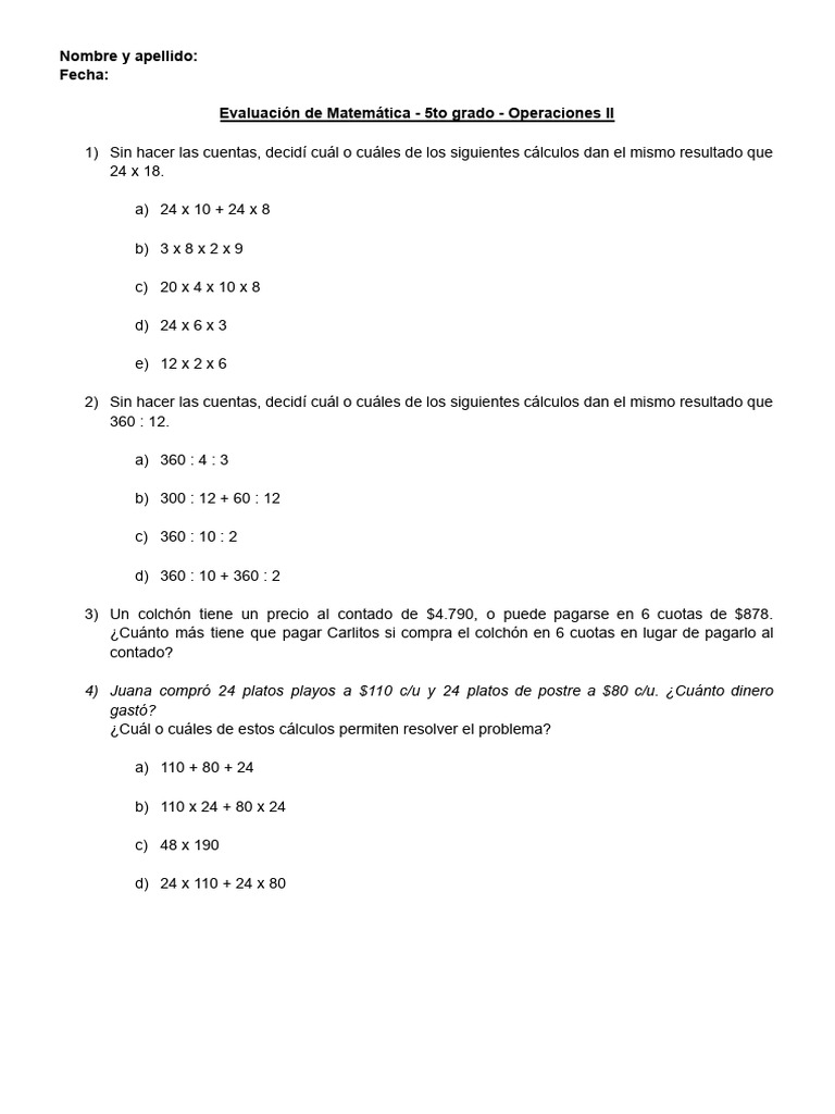 Evaluación de Matemática - 5to Grado - Operaciones II | PDF