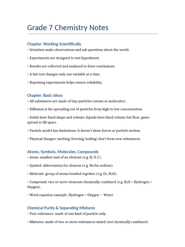 Grade 7 Chemistry Notes | PDF | Atoms | Chemical Substances