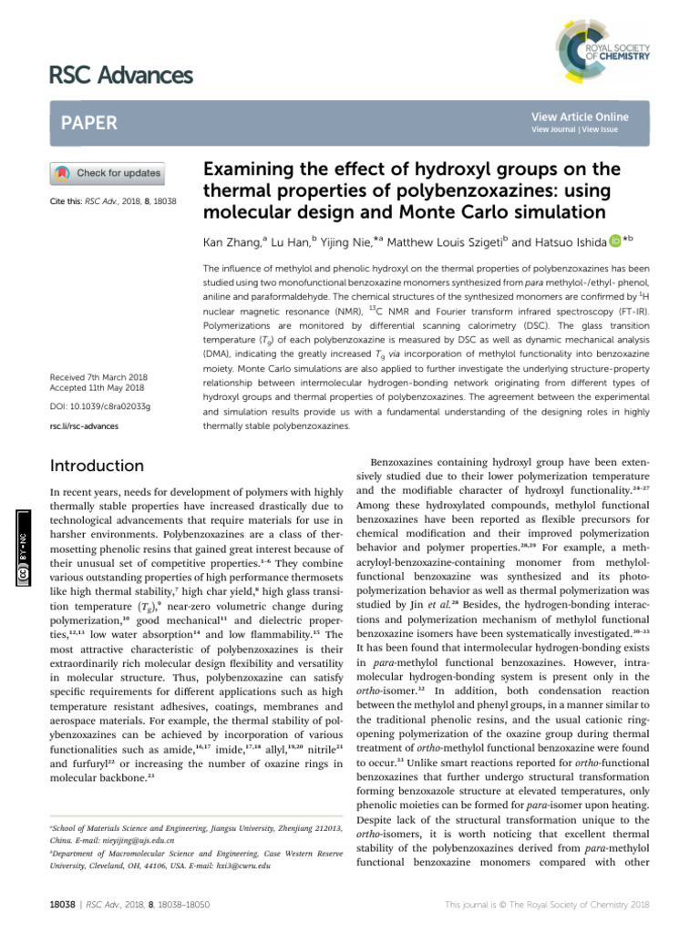 Hydroxyl Groups in Polybenzoxazines' Thermal Properties | PDF | Proton ...