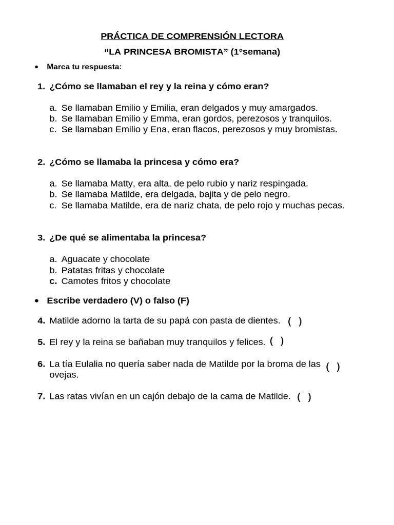 Comprensión Lectora: La Princesa Bromista | PDF
