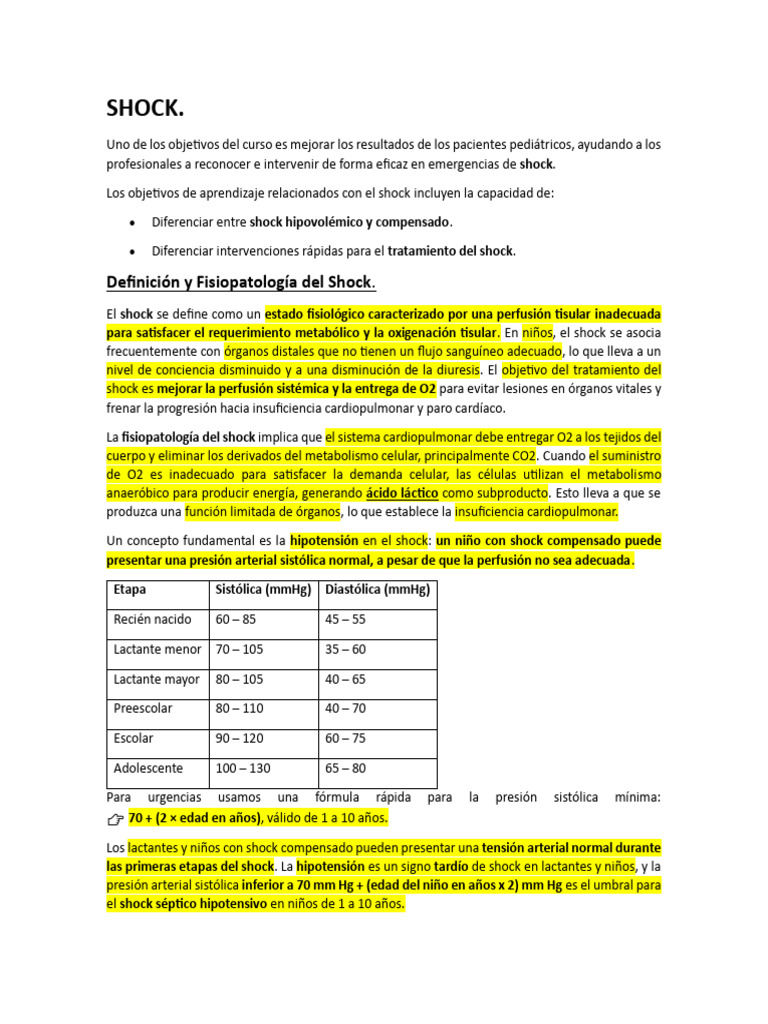 Manejo del Shock en Pacientes Pediátricos | PDF | Choque (circulatorio ...
