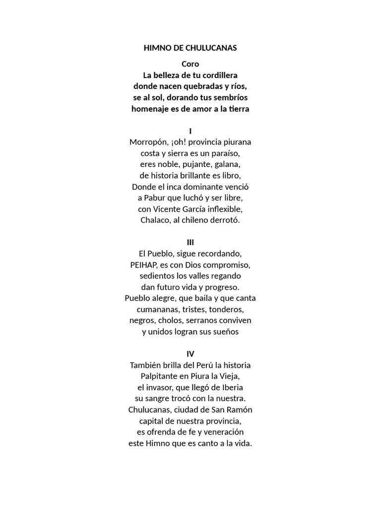 Himno de Chulucanas: Canto a la Tierra | PDF