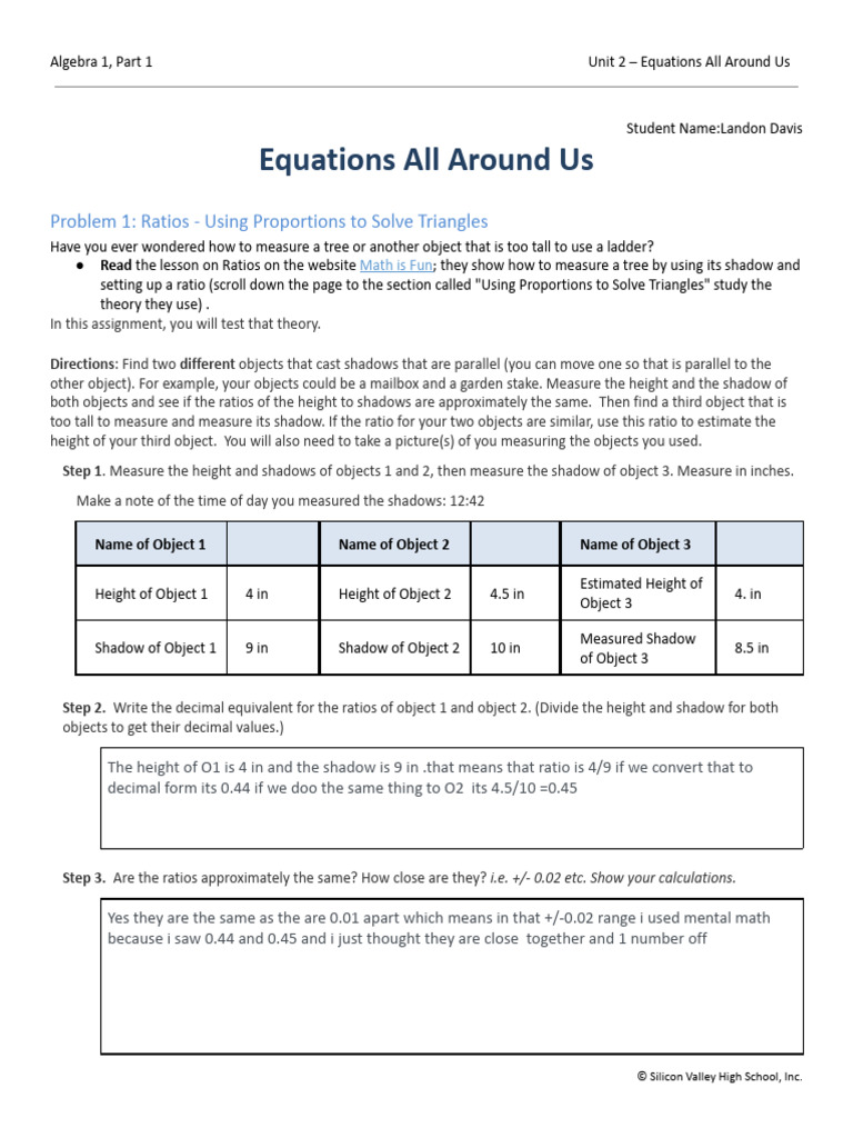 Algebra1-Part1 - Unit2Assignment | PDF | Ratio | Equations