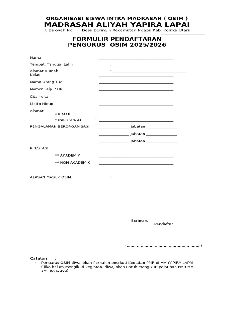 Formulir Pendaftaran Calon Pengurus | PDF