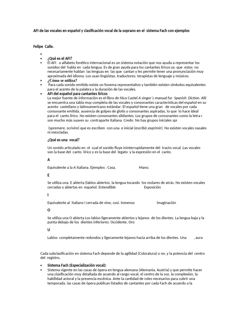 AFI de Las Vocales en Español y Clasificación Vocal de La Soprano Con Ejemplos | PDF | Vocal ...