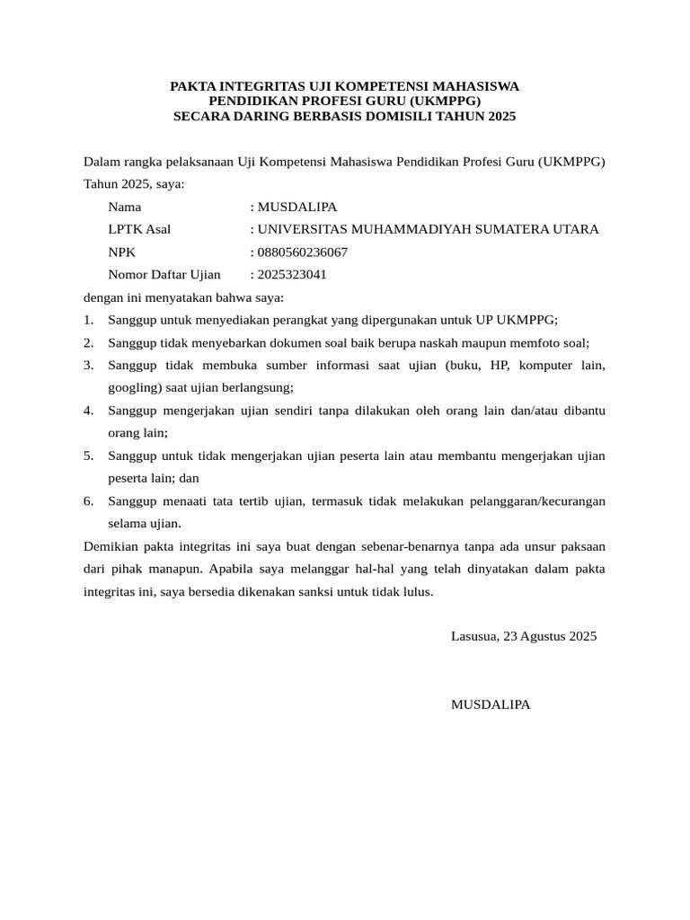 Pakta Integritas Uji Kompetensi Mahasiswa | PDF