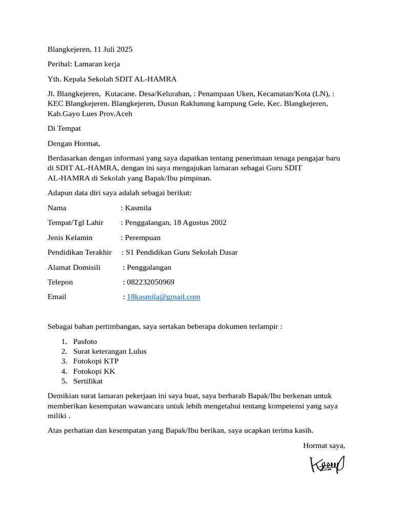 Surat Lamaran Kasmila Kesekolah Sdit Al-Hamra | PDF