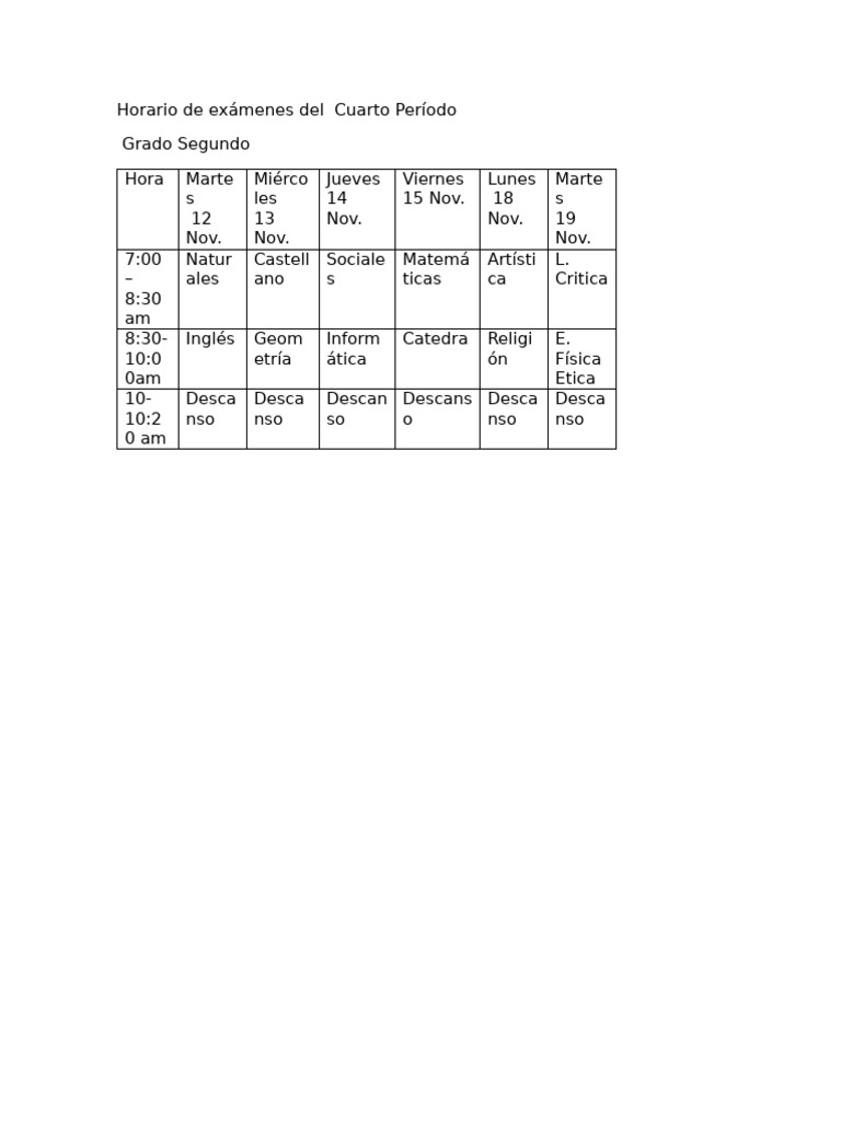 Horario de Exámenes Cuarto Periodo Grado Segundo | PDF